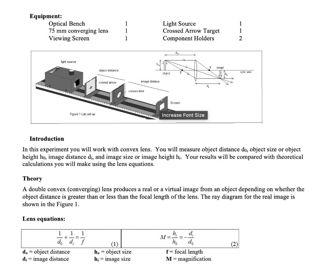 Solved 1 Equipment: Optical Bench 75 mm converging lens | Chegg.com