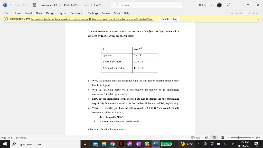 Solved W AutoSave Assignment 1 (1) Protected View - Saved to | Chegg.com