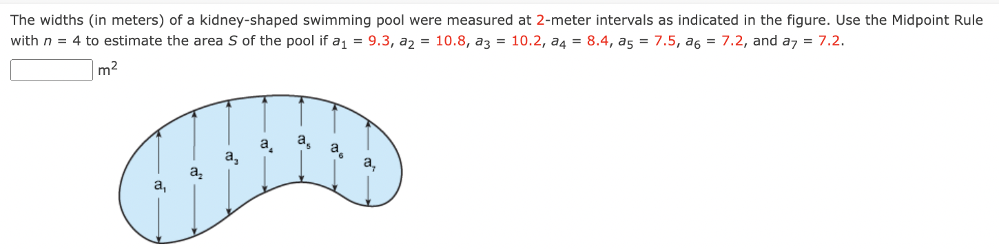 Solved The widths (in meters) of a kidney-shaped swimming | Chegg.com