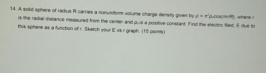 Solved 14. A solid sphere of radius R carries a nonuniform | Chegg.com