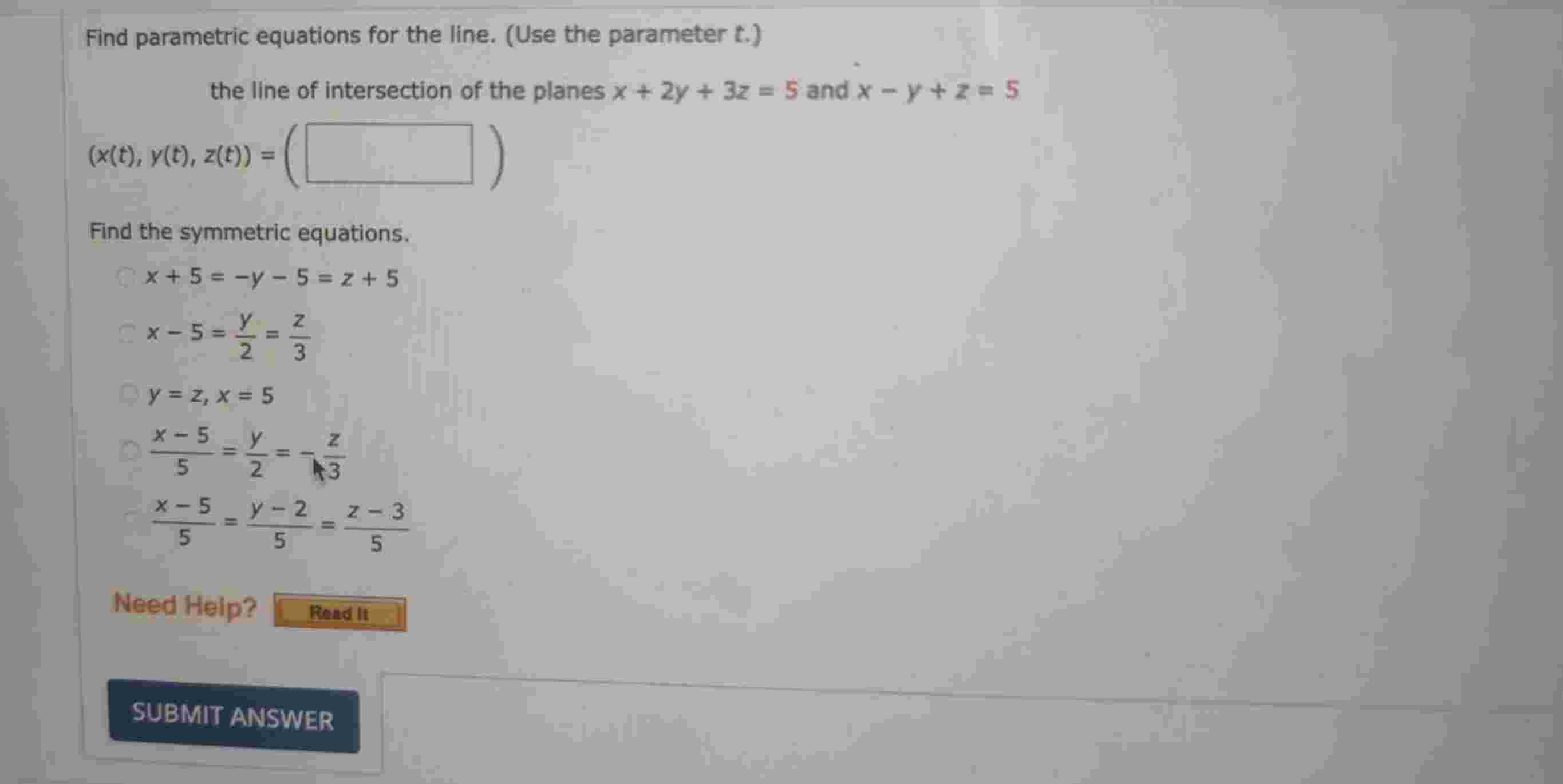 Solved code class="asciimath">t.x+2y+3z=5 ﻿and | Chegg.com