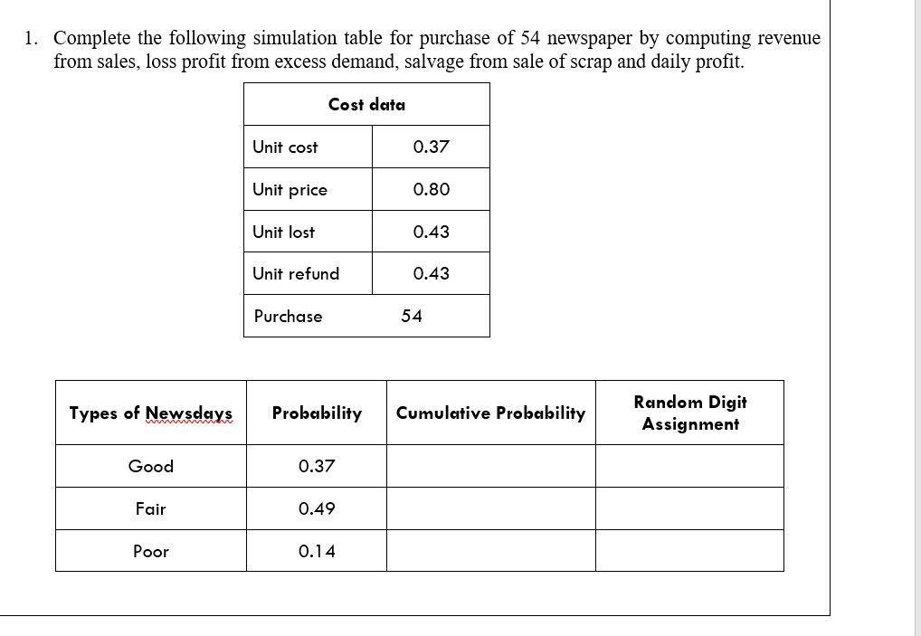 Solved 1. Complete the following simulation table for | Chegg.com