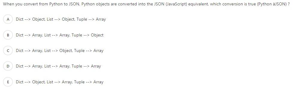 Solved When you convert from Python to JSON, Python objects | Chegg.com Solved When you convert from Python to JSON, Python objects | Chegg.com