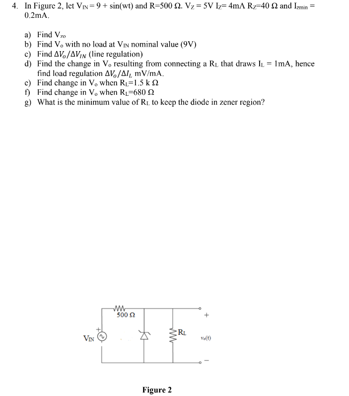 Solved 4. In Figure 2, let VIN=9+sin(wt) and R=500Ω.VZ=5 | Chegg.com