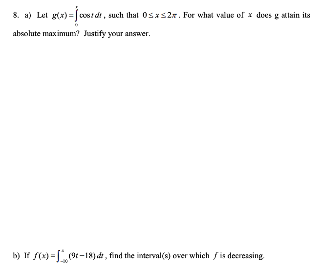 Solved a. For what value of x does g attain its absolute | Chegg.com