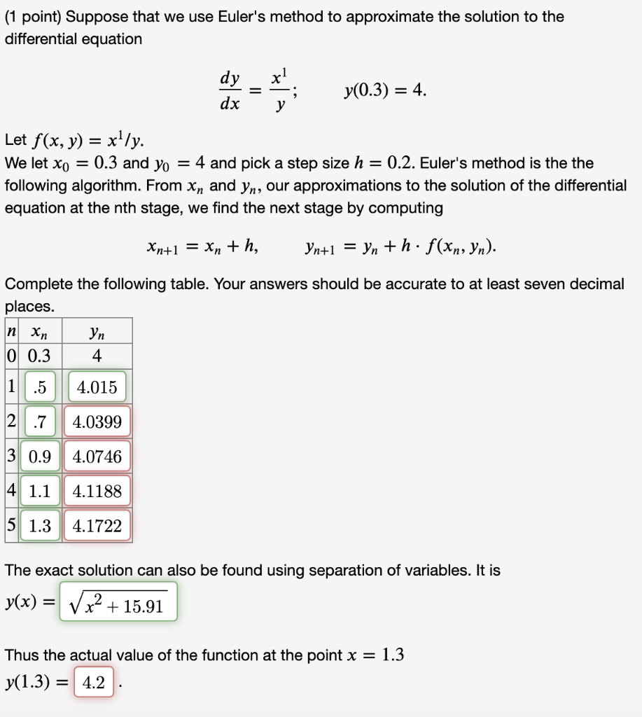 Solved (1 point) Suppose that we use Euler's method to | Chegg.com