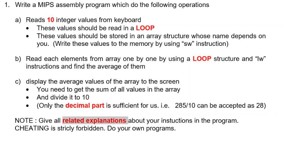 Solved 1. Write a MIPS assembly program which do the | Chegg.com