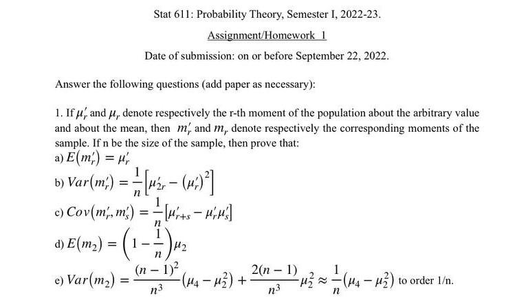 Stat 611: Probability Theory, Semester I, 2022-23. | Chegg.com