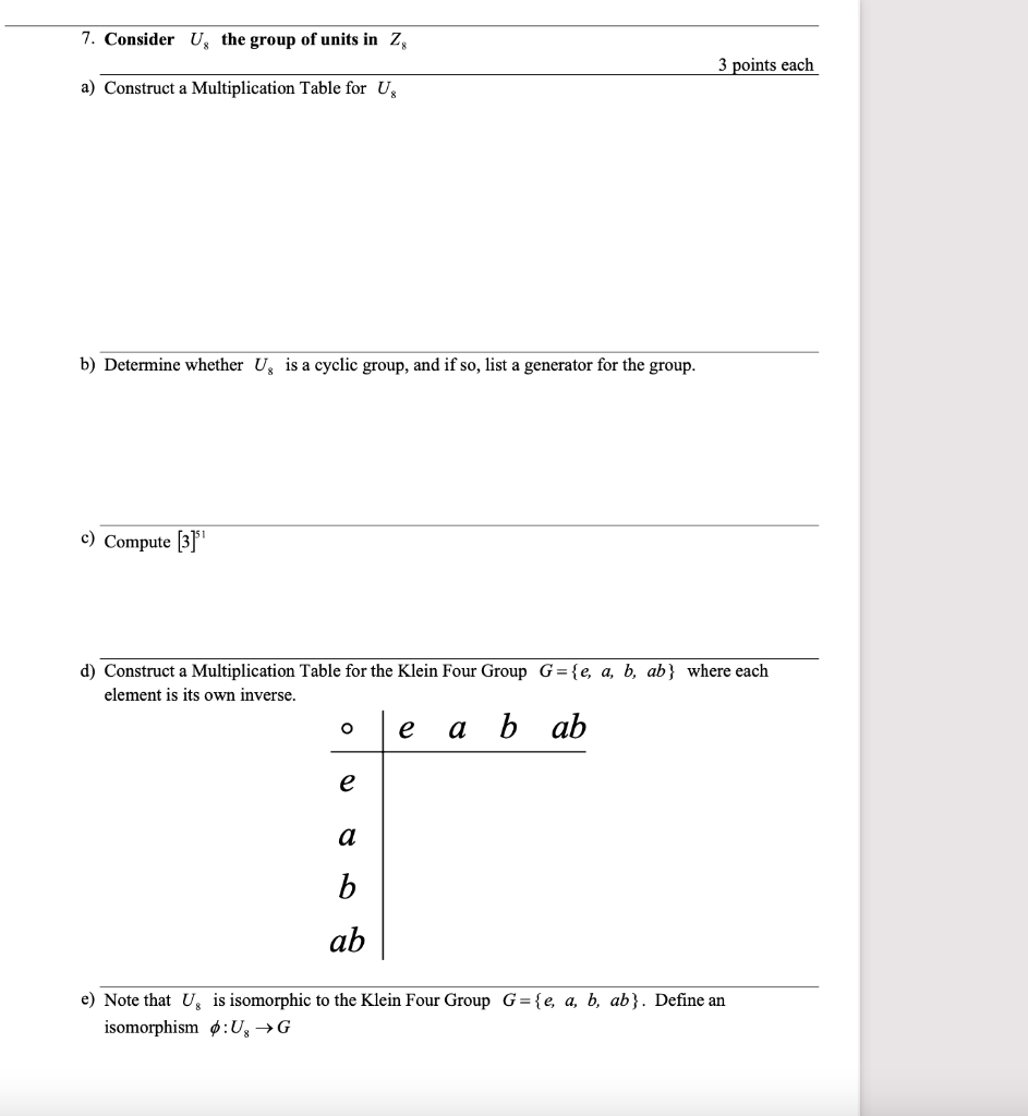 Solved 7. Consider U8 the group of units in Z8 3 points eac | Chegg.com