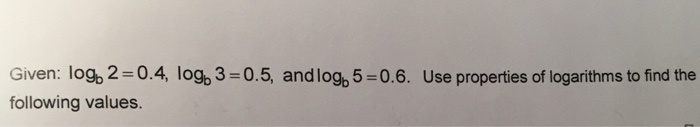 Solved Given: logb 2-0.4, log, 3-0.5, andlog, 5-0.6. Use | Chegg.com