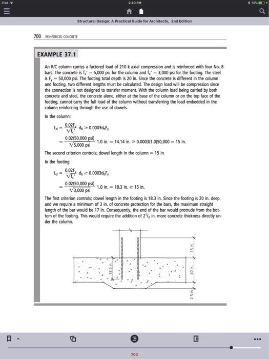 Solved Solve Example 37.1 (page 700) for f'c for the footing | Chegg.com