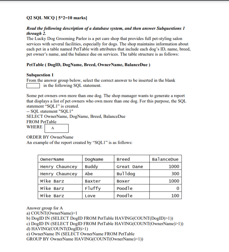 Solved Q2 SQL MCQ [5*2=10 marks] Read the following | Chegg.com