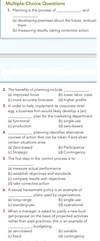 Solved Multiple-Choice Questions 1. Planning is the process | Chegg.com
