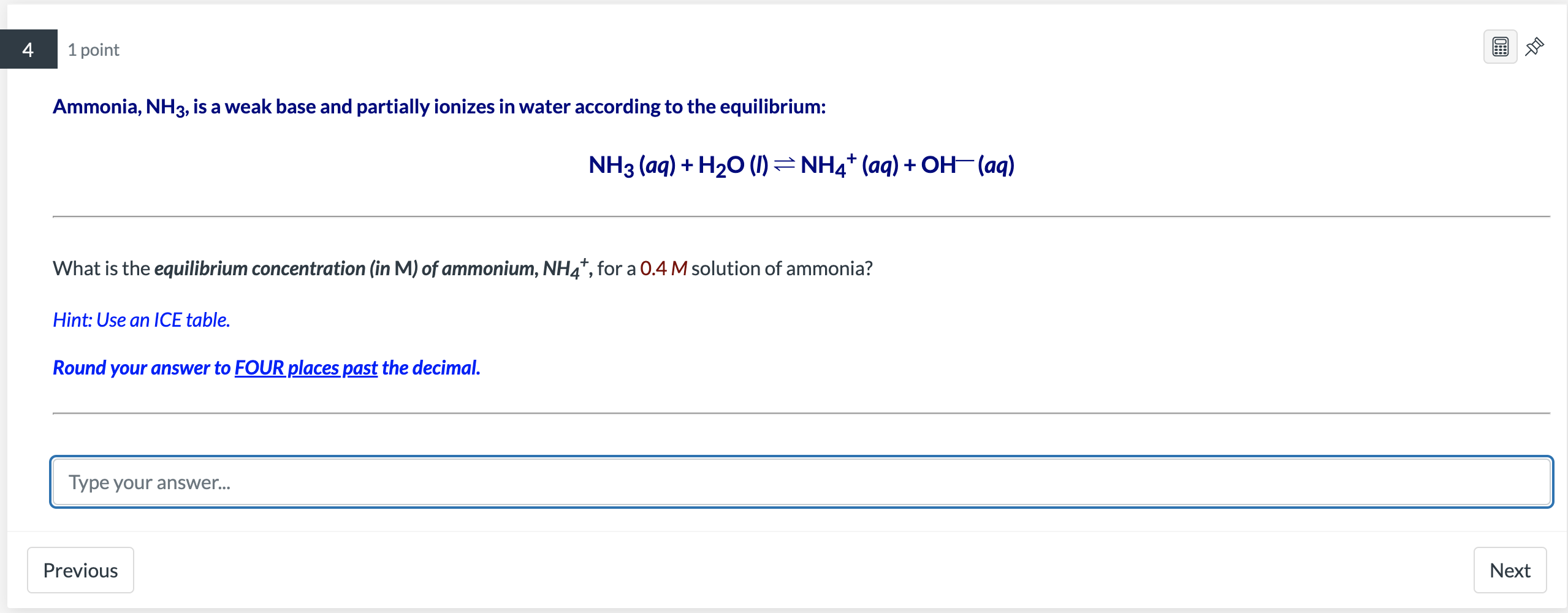 Solved Ammonia, NH3, is a weak base and partially ionizes in | Chegg.com