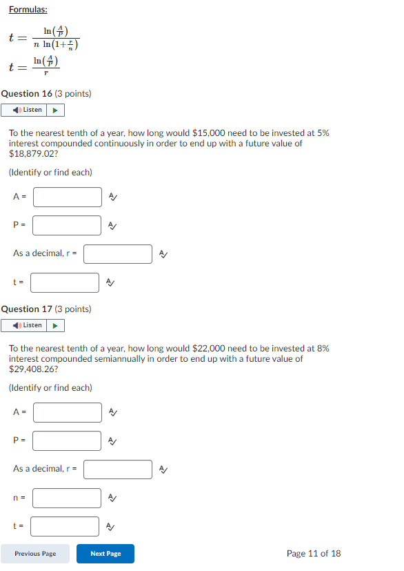 Solved Formulas: t=nln(1+nr)ln(pA)t=rln(pA) Question 16 (3 | Chegg.com