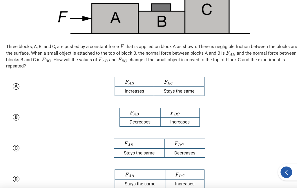 Solved С F A B Three blocks, A, B, and C, are pushed by a | Chegg.com