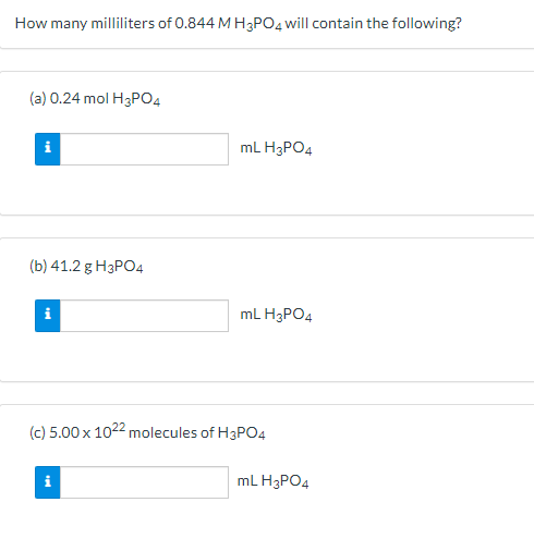 Solved How many milliliters of 0.844 MH3PO4 will contain the | Chegg.com