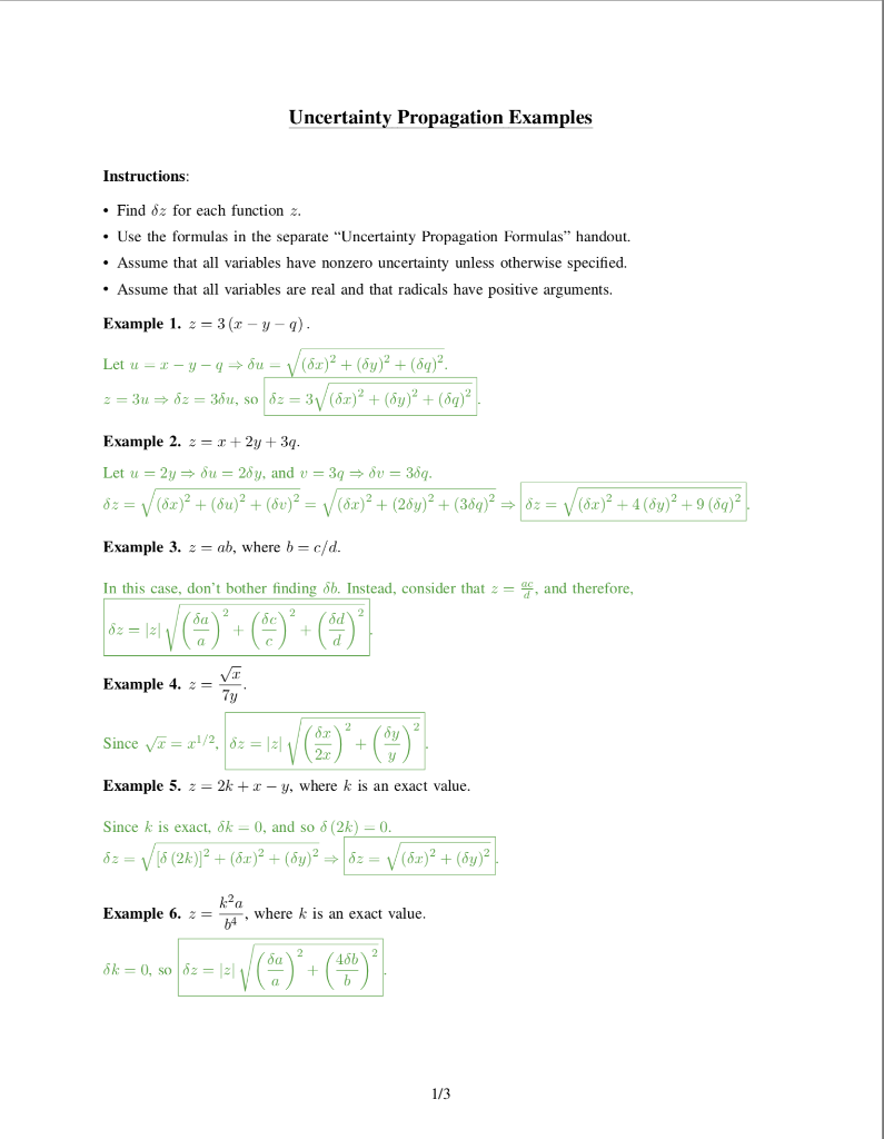 Table of Uncertainty Propagation Formulas The table | Chegg.com
