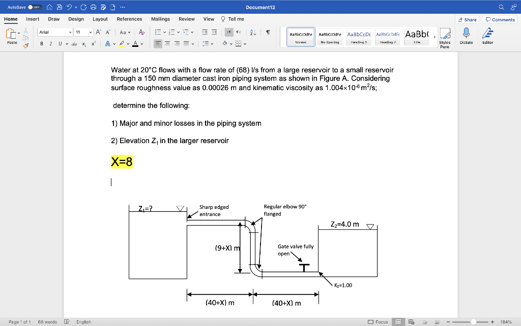 Solved Water at 20∘C flows with a flow rate of (68)l/s from | Chegg.com