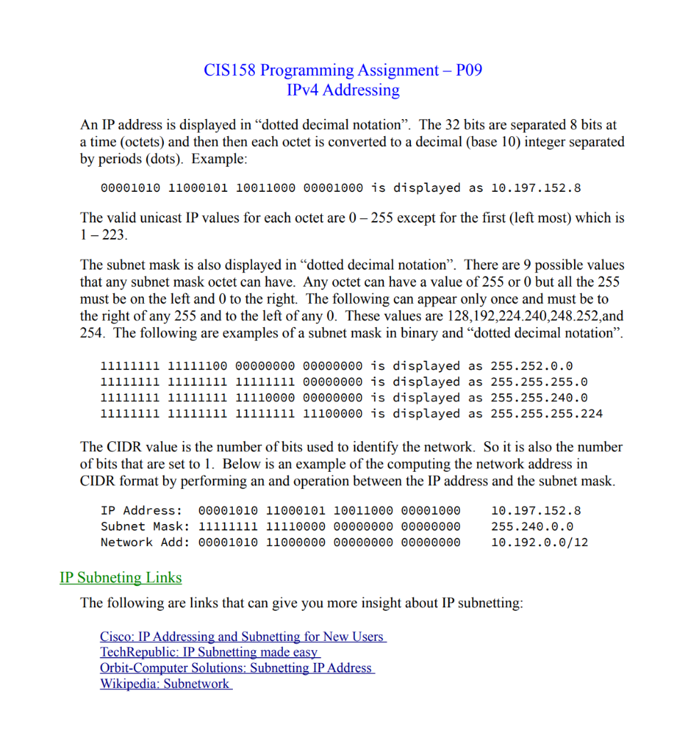 CIS158 Programming Assignment – P09 IPv4 Addressing | Chegg.com