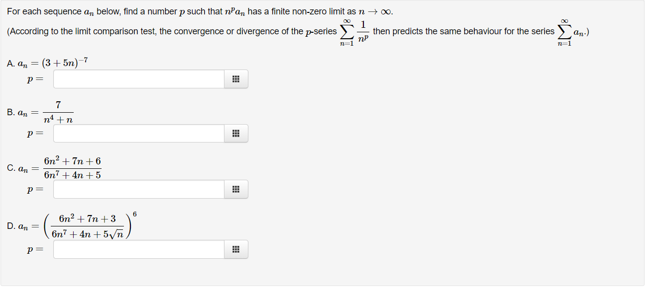 Solved For each sequence an below, find a number p such that | Chegg.com