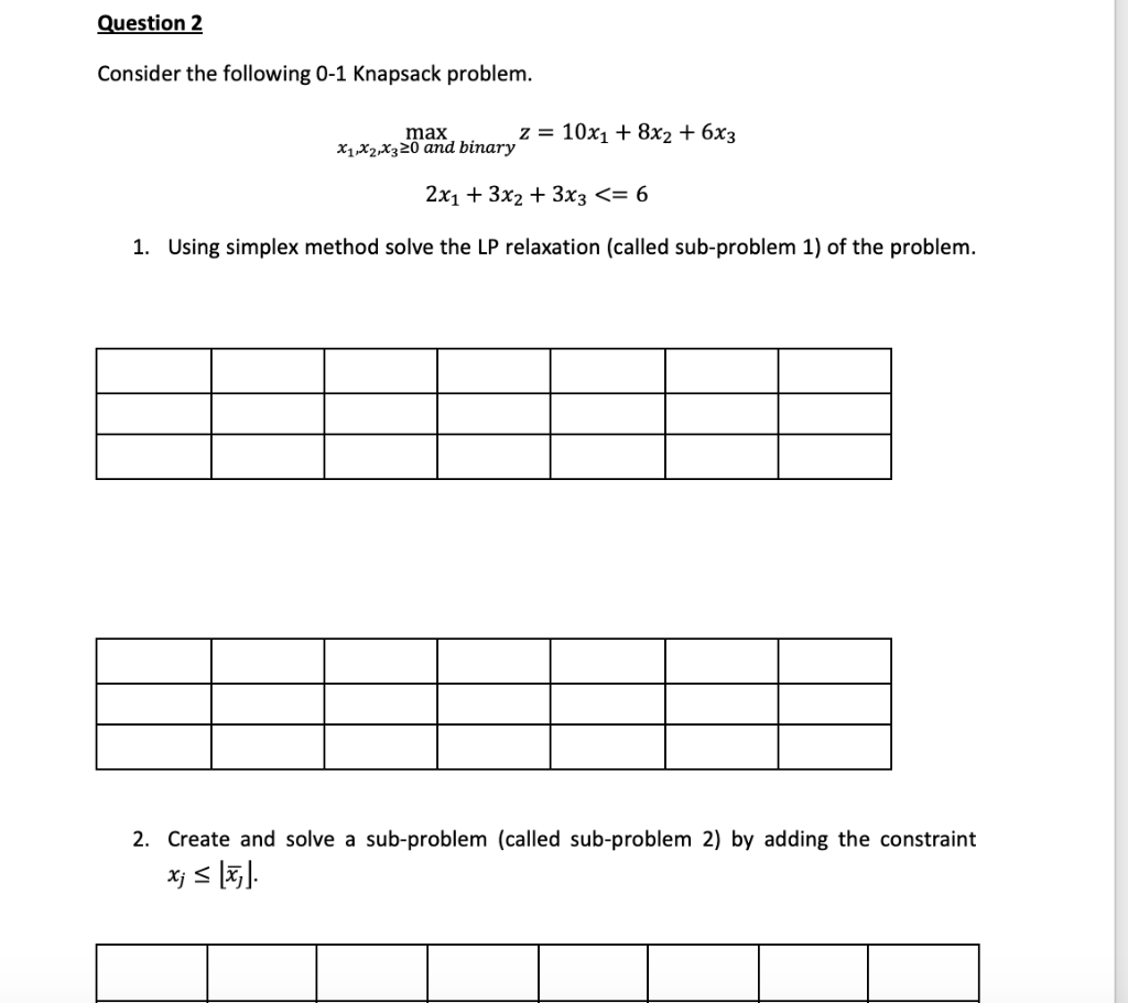 Question 2 Consider the following 0-1 Knapsack | Chegg.com