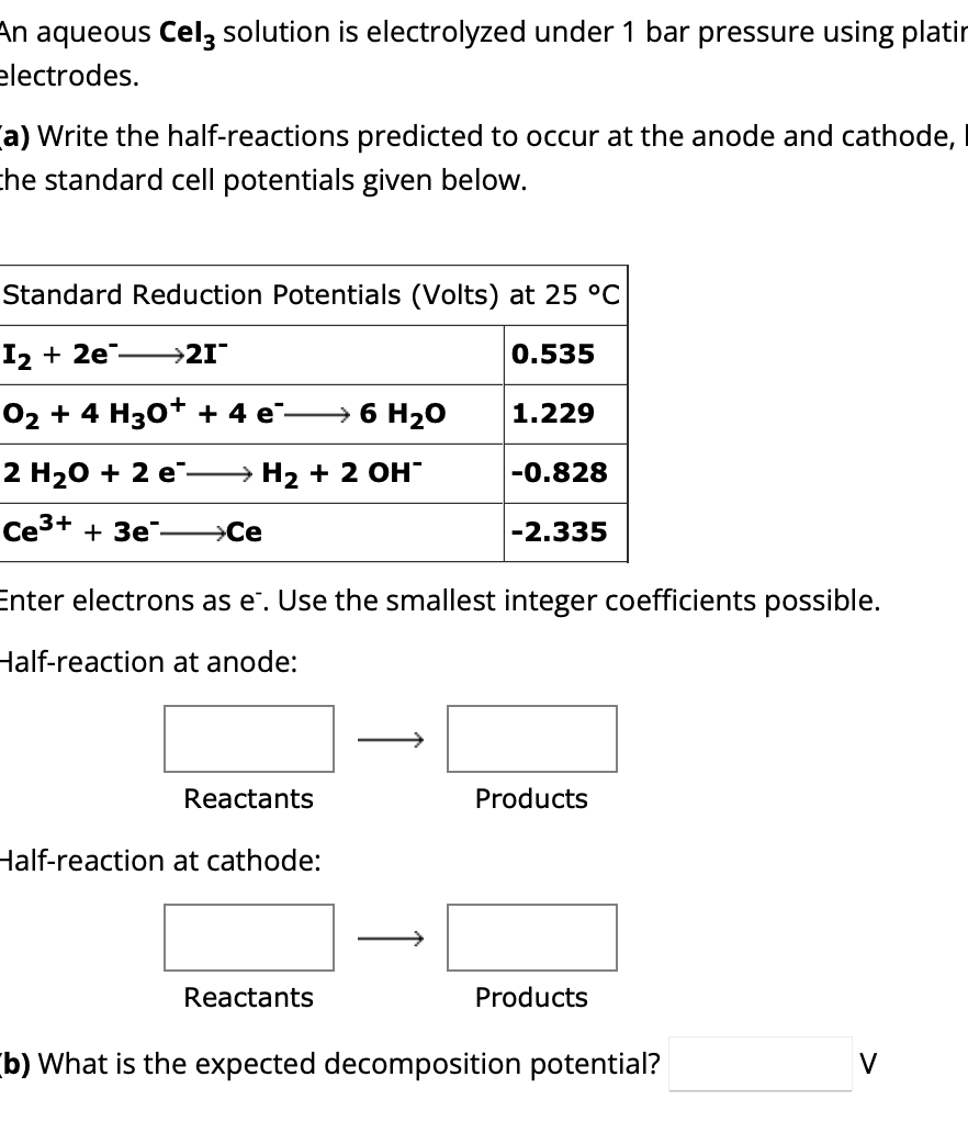 Solved An aqueous Cel3 solution is electrolyzed under 1 bar | Chegg.com