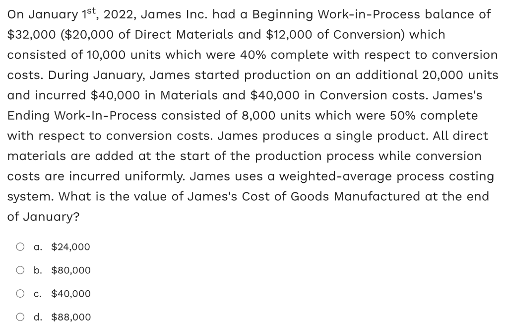 Solved On January 1st ,2022, James Inc. had a Beginning | Chegg.com