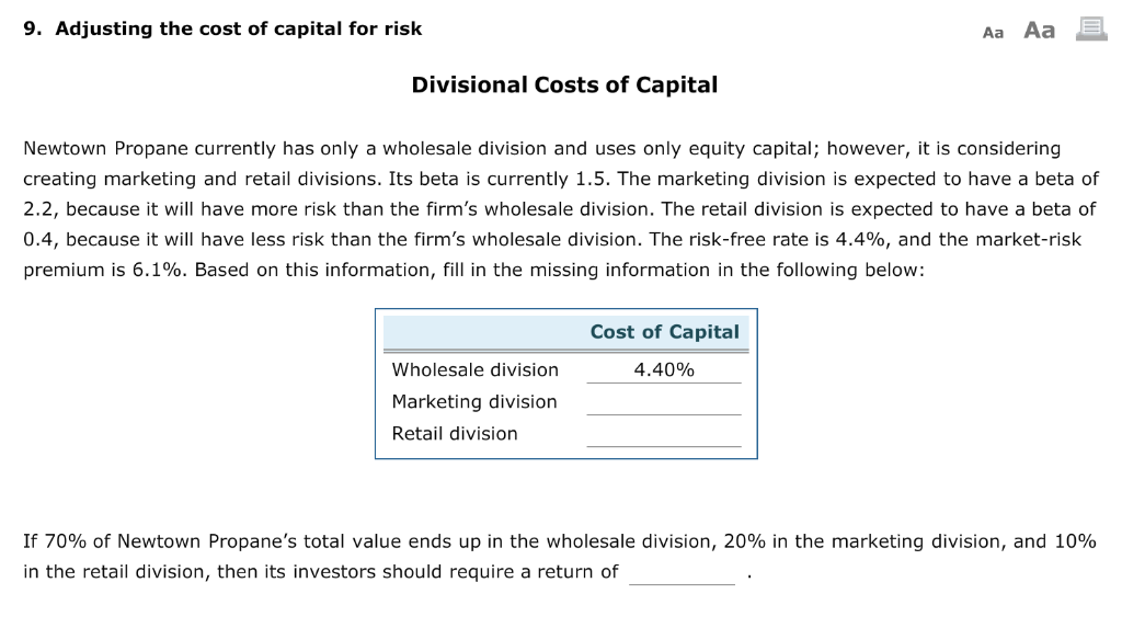 Solved 9. Adjusting the cost of capital for risk Aa Aa | Chegg.com