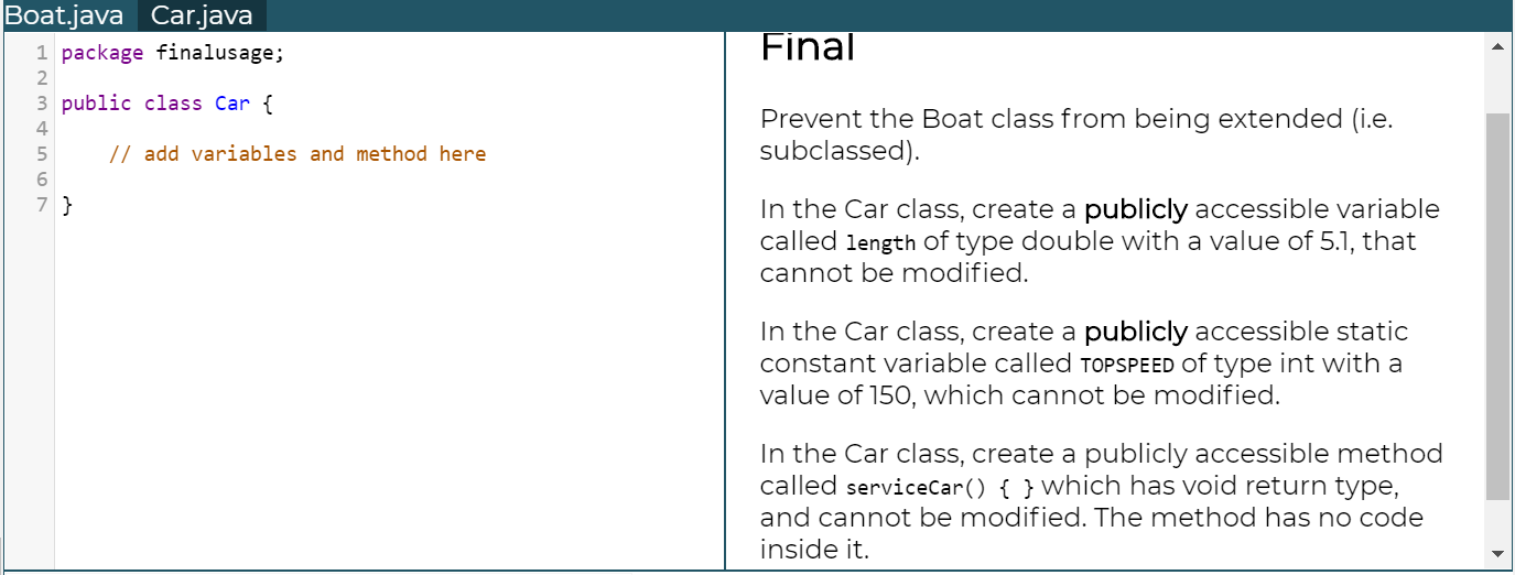 Solved Final Boat.java Car.java 1 package finalusage; 2 3 | Chegg.com