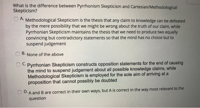 Solved What is the difference between Pyrrhonism Skepticism | Chegg.com