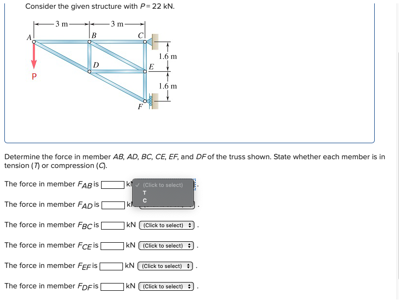 Solved Consider the given structure with P= 22 kN. 3 m 3 m | | Chegg.com