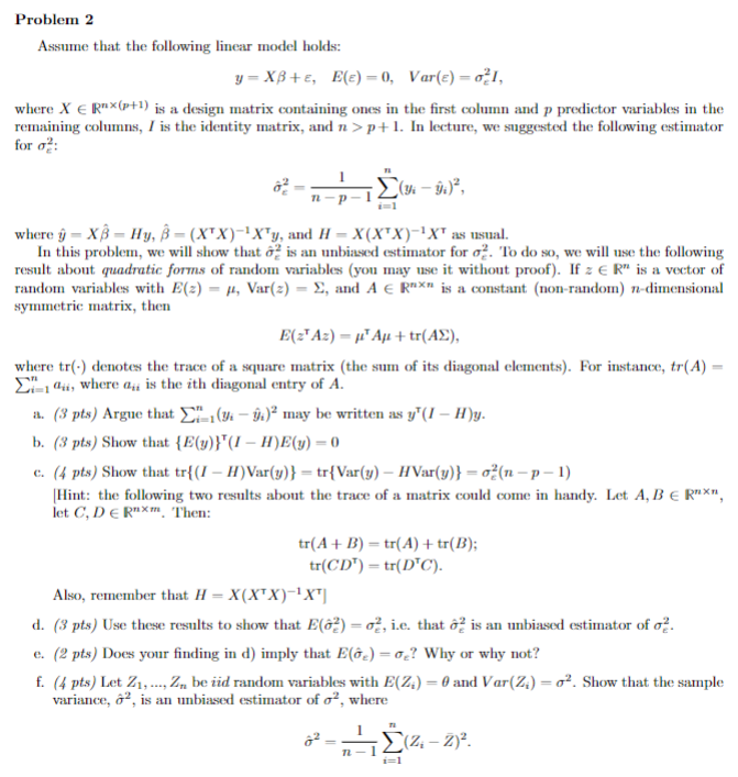 Solved Assume that the following linear model holds: | Chegg.com
