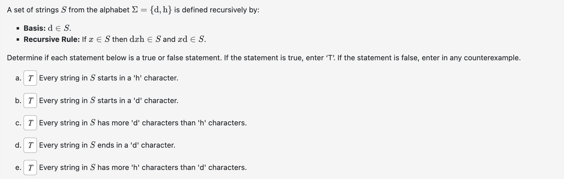 Solved A set of strings S from the alphabet Σ={d,h} is | Chegg.com