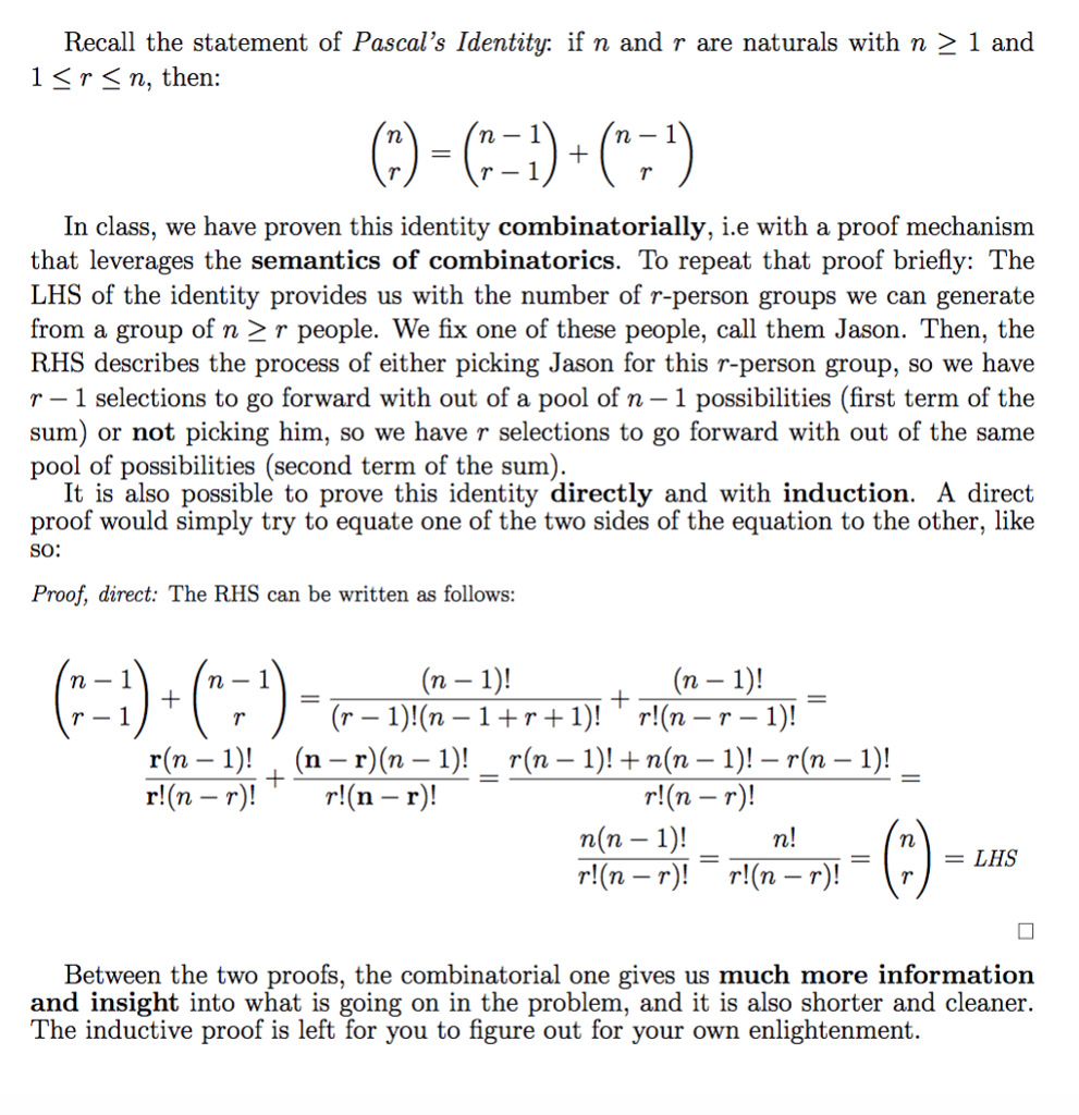 Solved Recall the statement of Pascal's Identity: if n and r | Chegg.com