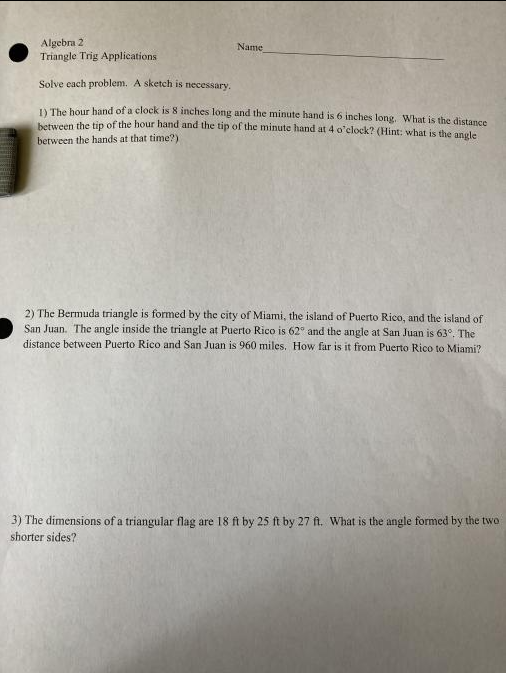 Solved Algebra 2 Triangle Trig Applications Name Solve cach | Chegg.com