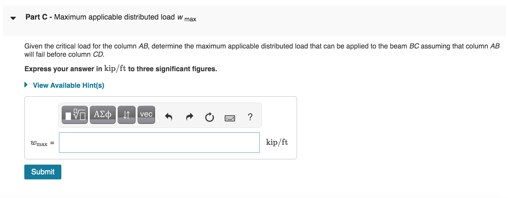Solved Part B - Critical stress for column AB Determine the | Chegg.com
