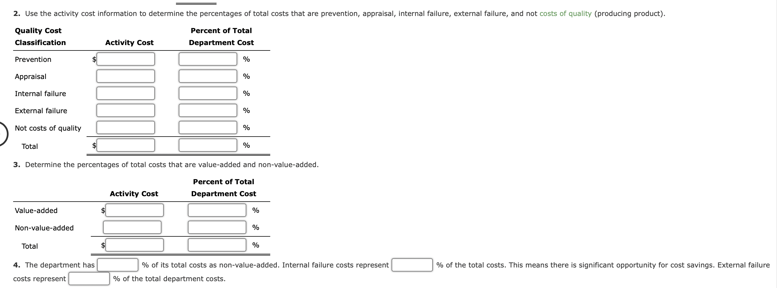 Cost of Quality Report for a Manufacturing Company | Chegg.com