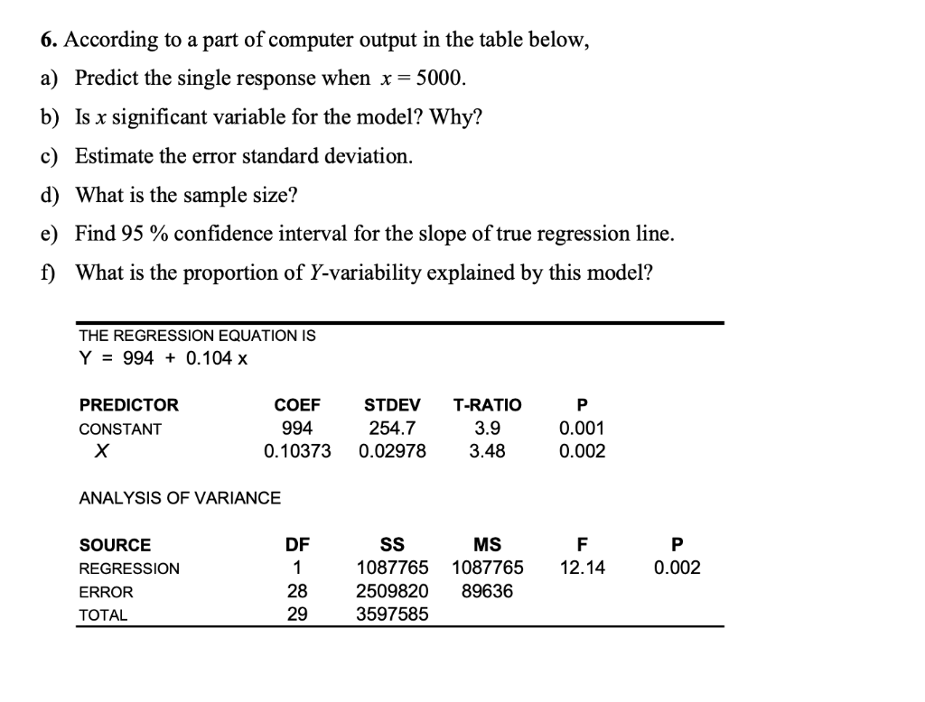 Solved 6. According to a part of computer output in the | Chegg.com