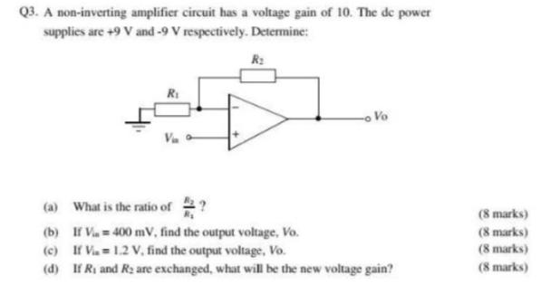 Solved Q3. A non-inverting amplifier circuit has a voltage | Chegg.com