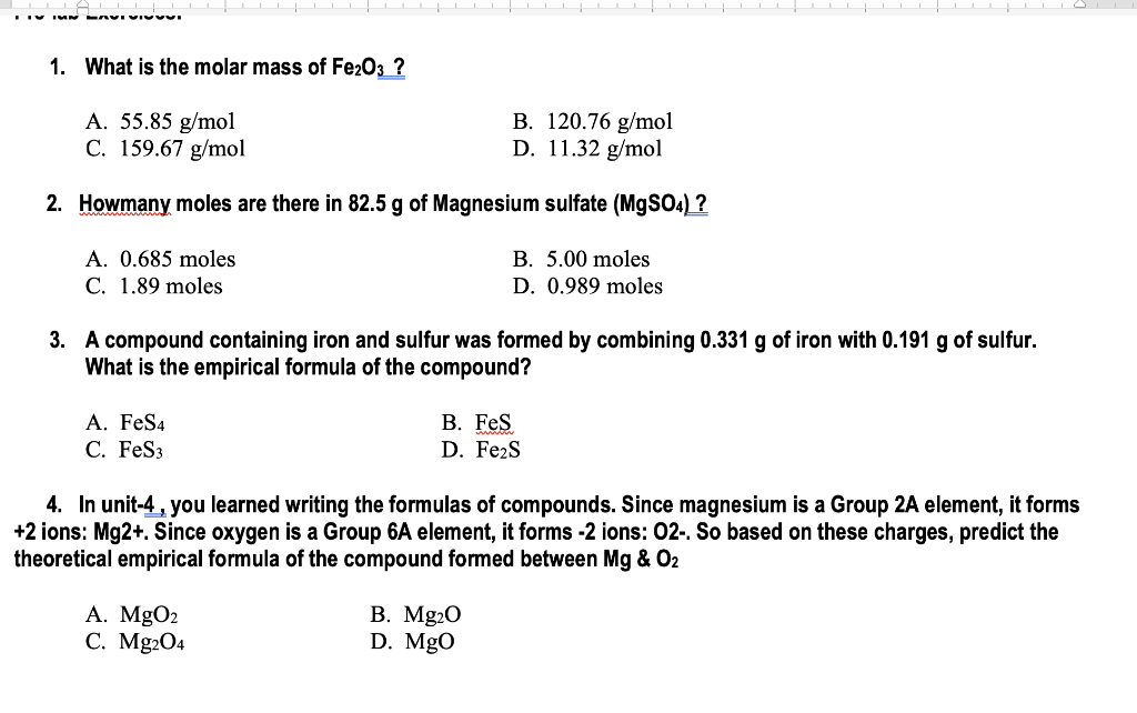 Solved IV UN AUvivuu. 1. What is the molar mass of Fe2O3 ? | Chegg.com
