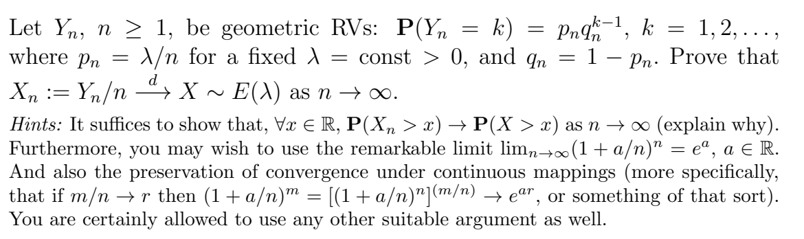 Solved Let Yn,n≥1, be geometric RVs: | Chegg.com