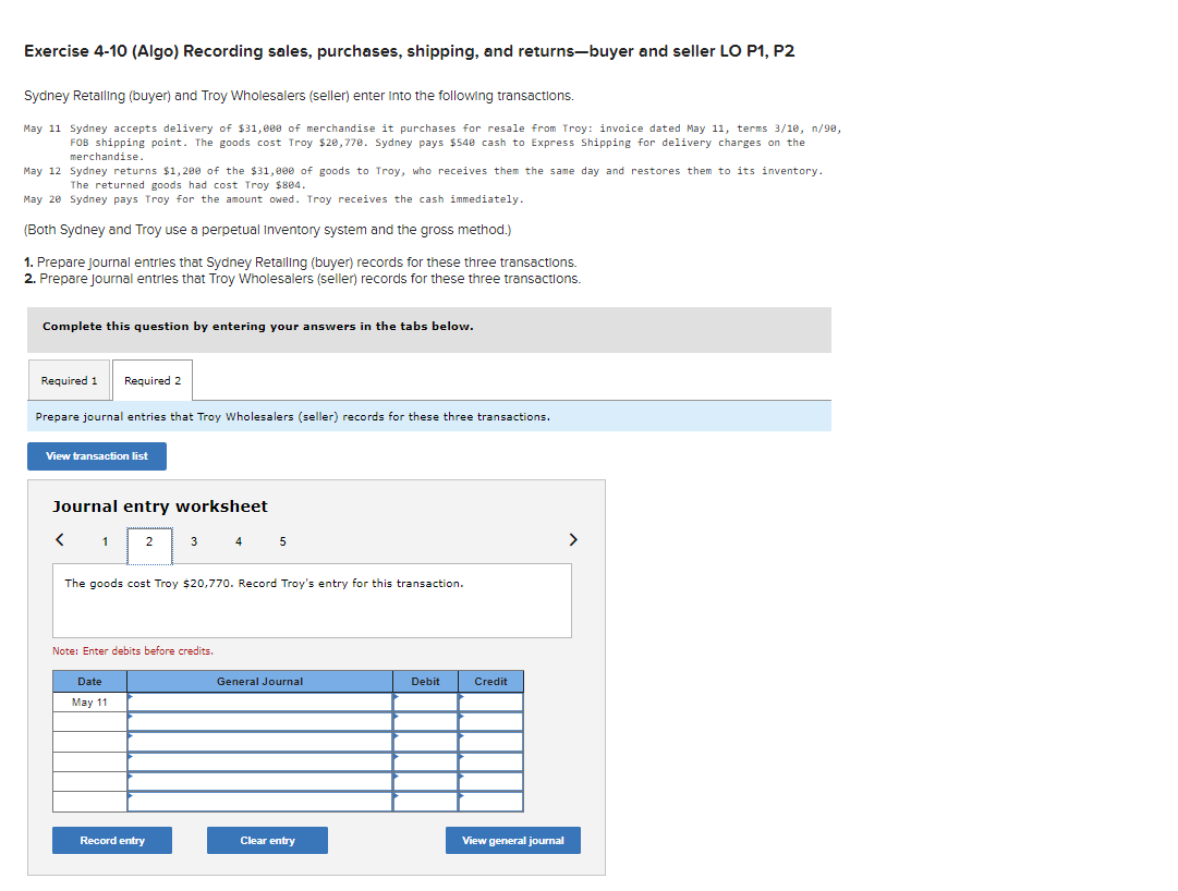 Solved Exercise 4-10 (Algo) Recording sales, purchases, | Chegg.com
