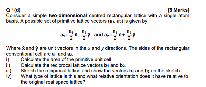 Solved Q 1(d) [8 Marks] Consider a simple two-dimensional | Chegg.com