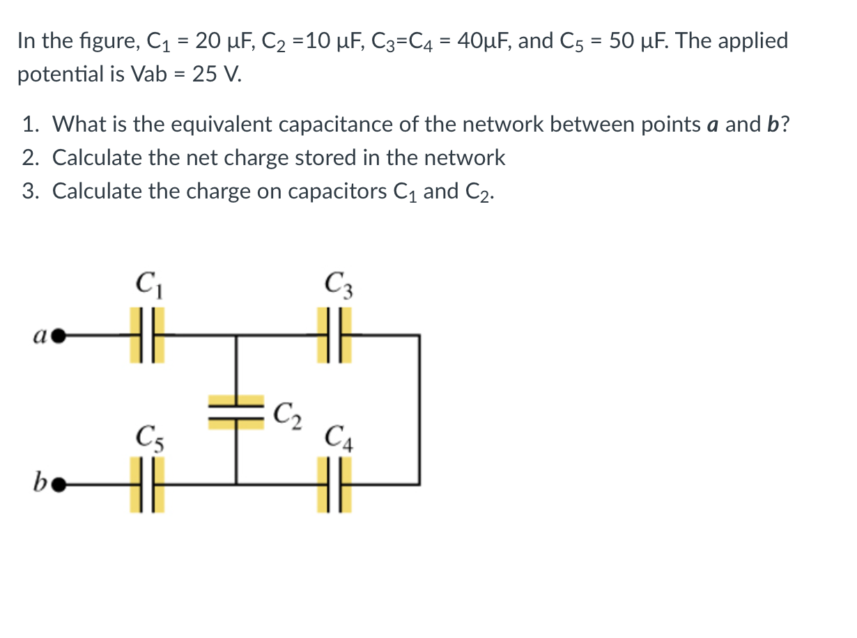 Solved In the figure, C1 = 20 uF, C2 = 10 uF, C3=C4 = 40uF, | Chegg.com