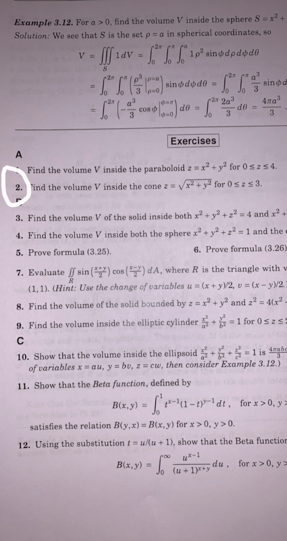 Solved Example 3.12. For a > 0, find the volume V inside the | Chegg.com