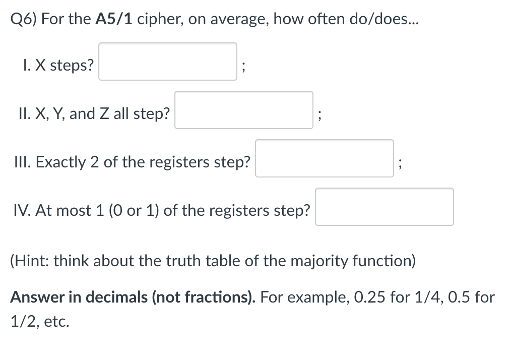 Solved Q6) For the A5/1 cipher, on average, how often | Chegg.com