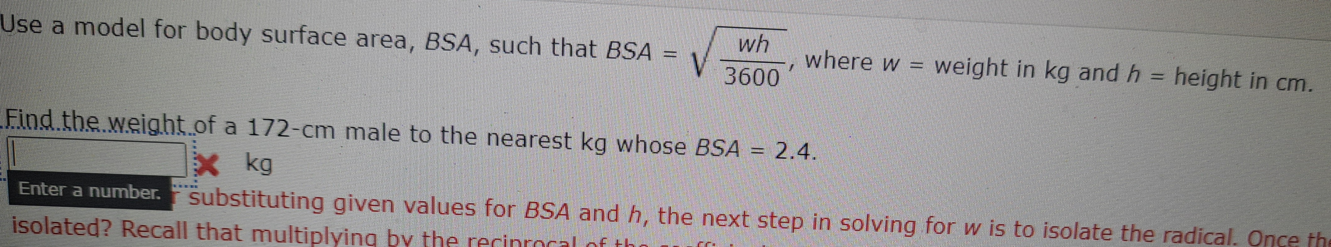 Solved Use a model for body surface area, BSA, such that | Chegg.com