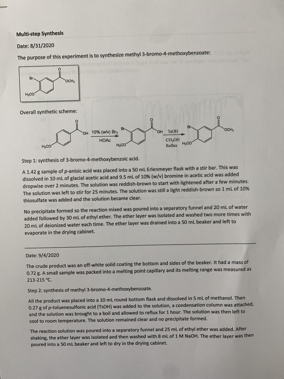 Solved Up Sheet for Multi-step Synthesis Experiment 1) Write | Chegg.com
