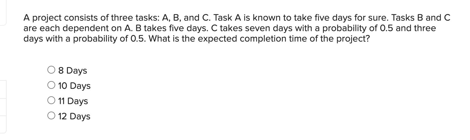 Solved A project consists of three tasks: A,B, and C. Task A | Chegg.com